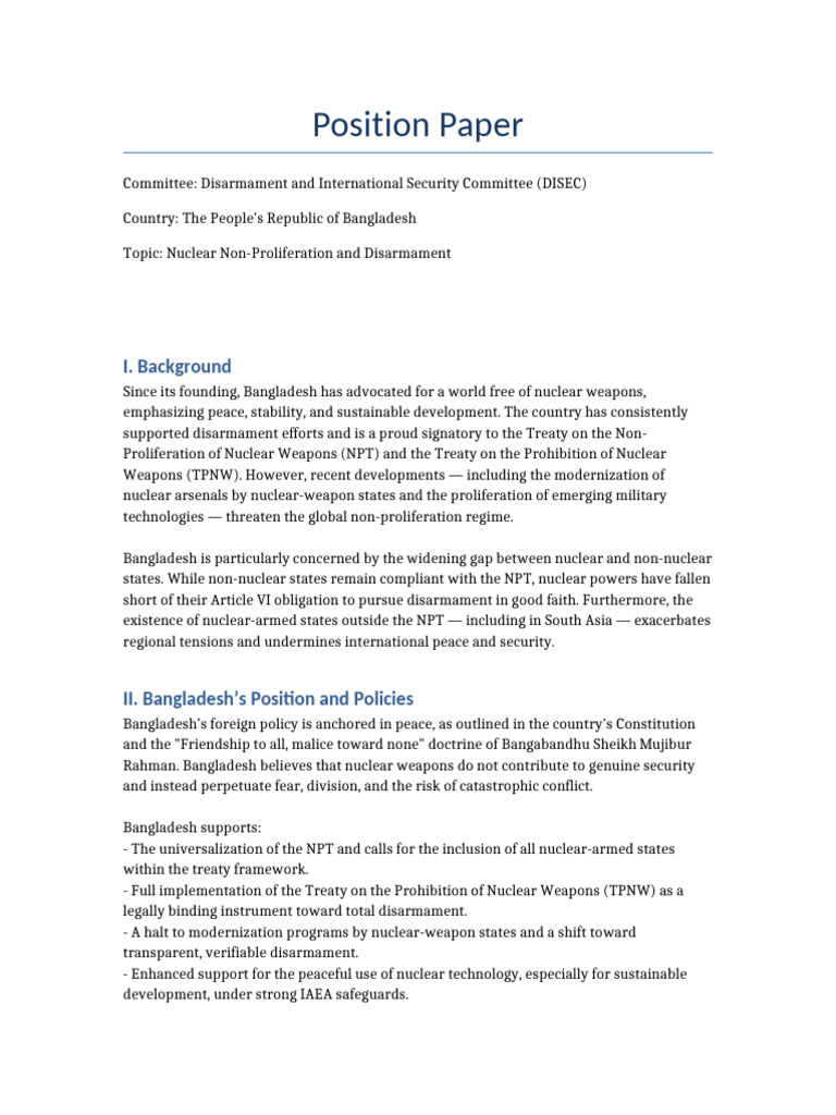 Bangladesh DISEC Position Paper | PDF | Treaty On The Non Proliferation ...