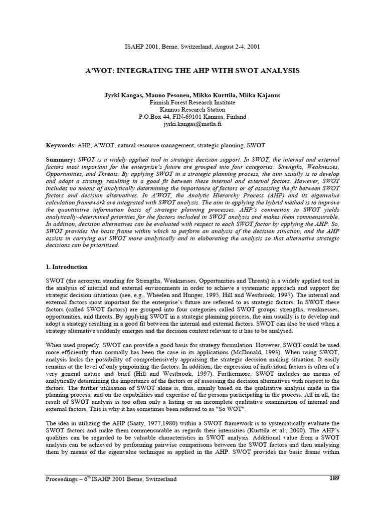 Integrating AHP with SWOT Analysis | PDF | Swot Analysis | Sustainability