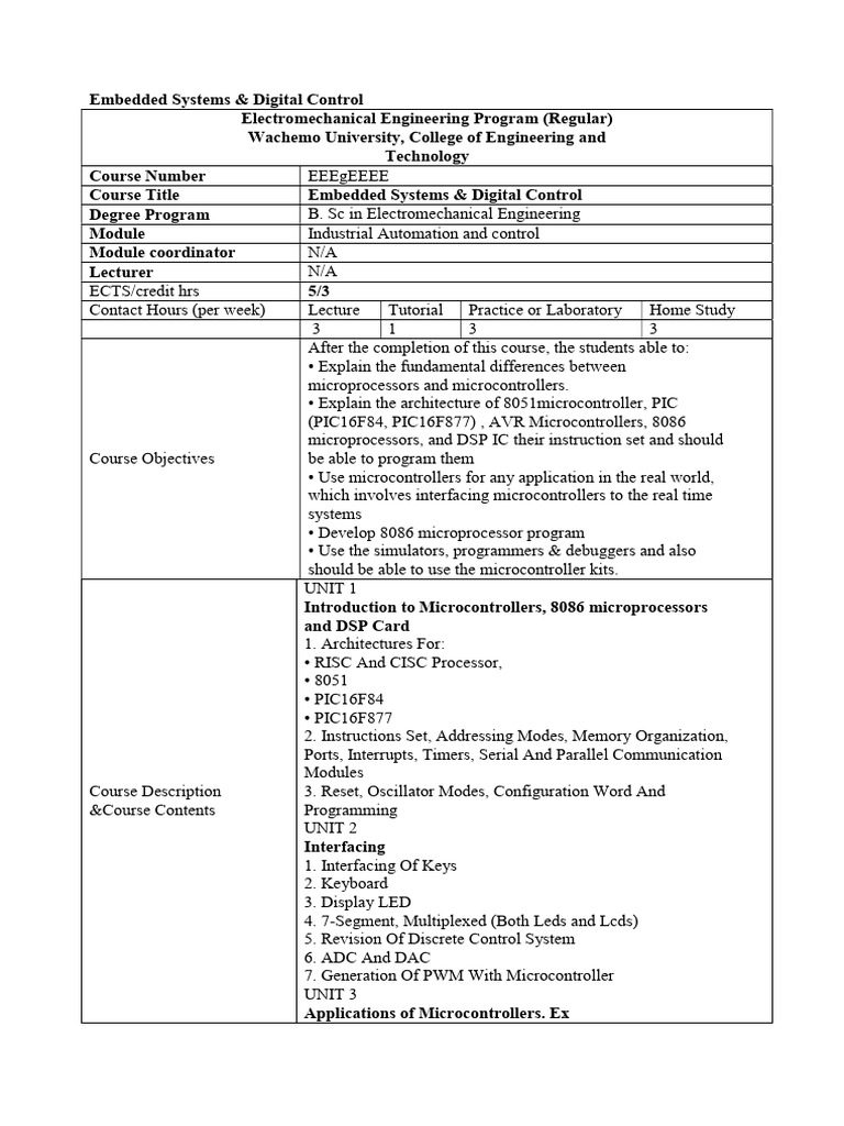 Embedded Systems Course Outline | PDF | Microcontroller | Printed ...