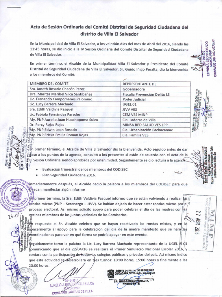 Acta IV Sesión CODISEC Villa El Salvador | PDF