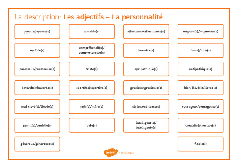 VOC - La Description - Les Adjectifs - La Personnalité | PDF