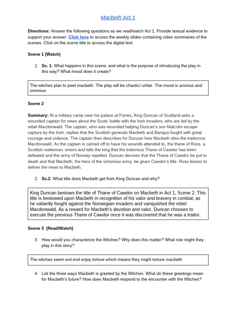 25 Macbeth Act 1 Guided Questions | PDF | Macbeth | Shakespearean Tragedies
