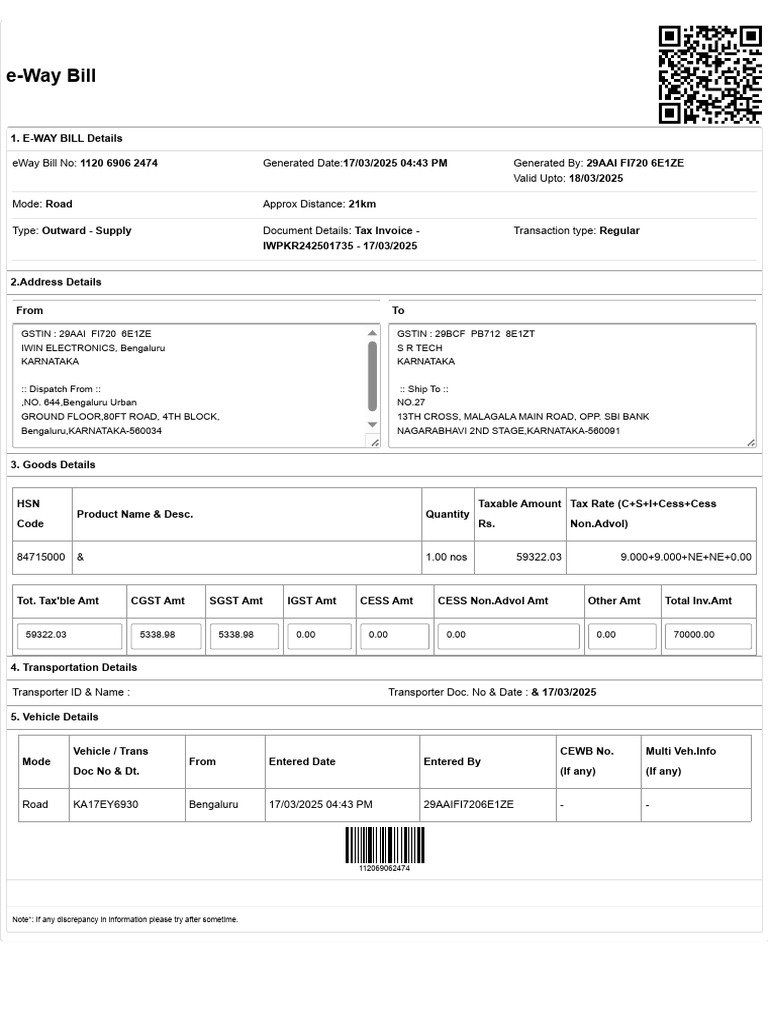 E-Way Bill Iwpkr242501735 | PDF | Government Finances | Government