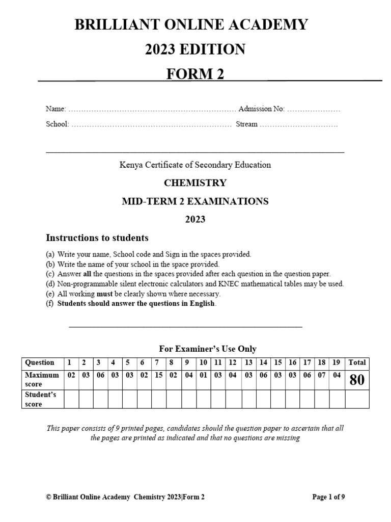 Form 2 Chemistry Mid-Term Exam 2023 | PDF | Ion | Chemical Elements