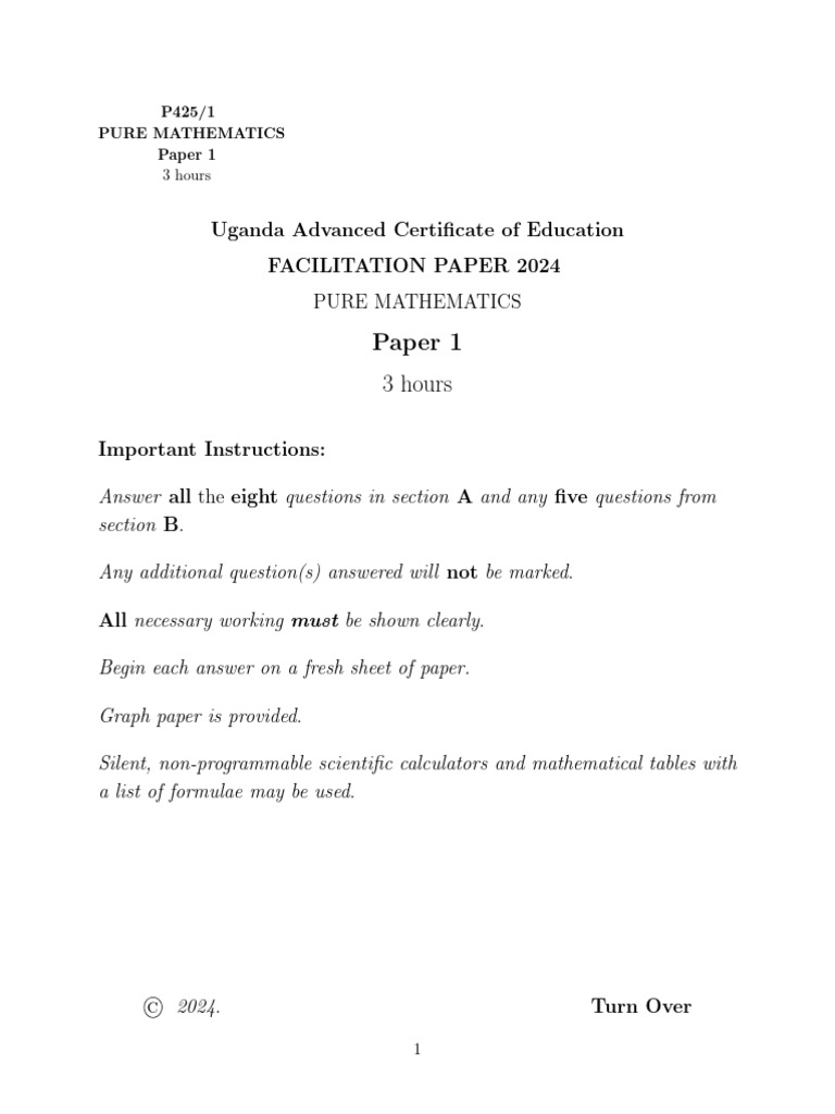 Uganda Advanced Certificate of Education Facilitation Paper 2024 Pure Mathemati | PDF ...