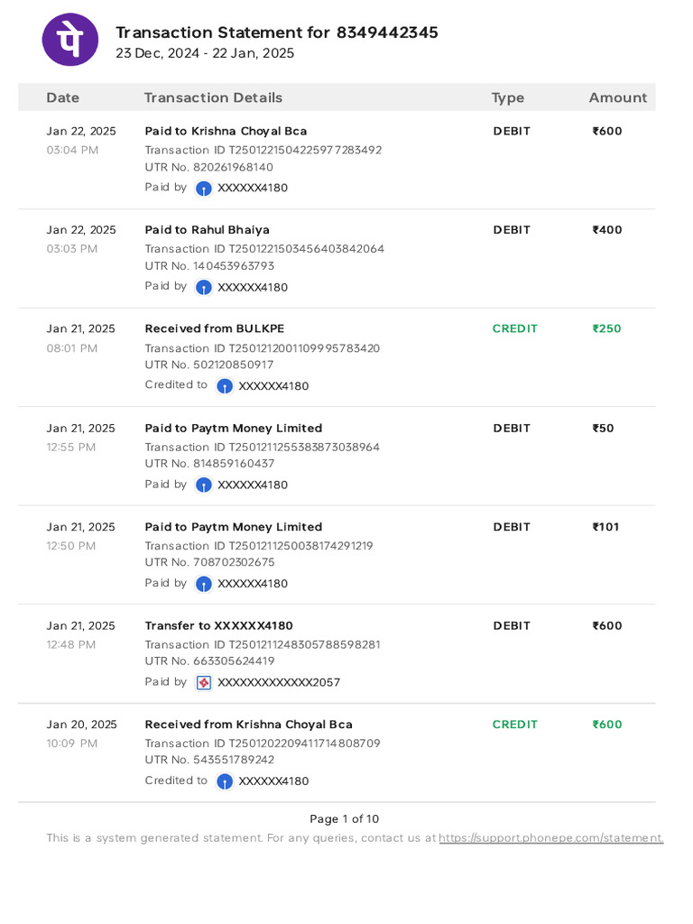 Transaction Statement for Account 8349442345 | PDF | Debit Card ...