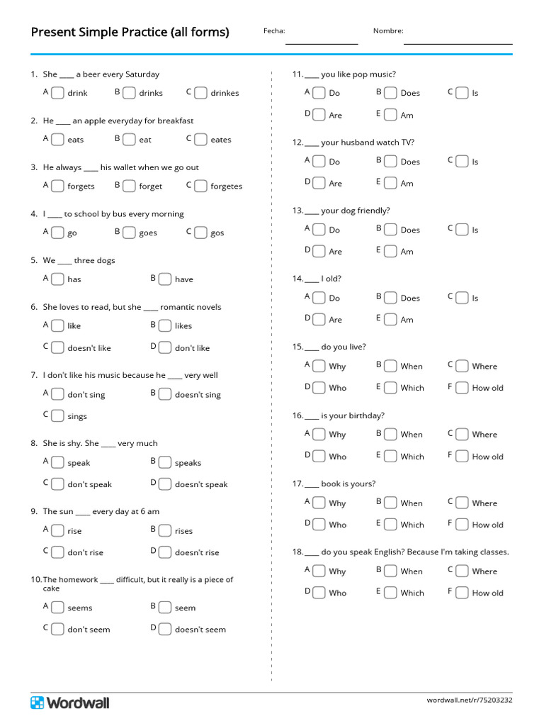 Present Simple Practice Test | PDF