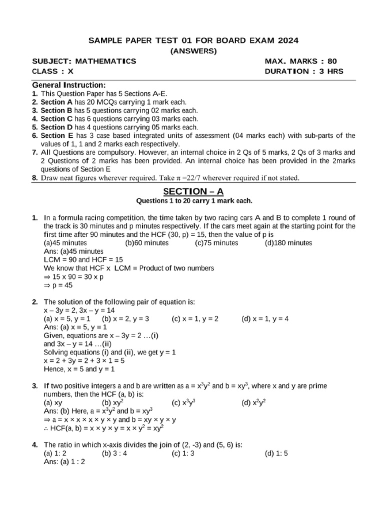 Maths Class X Sample Paper Test 01 For Board Exam 2024 Answers | PDF
