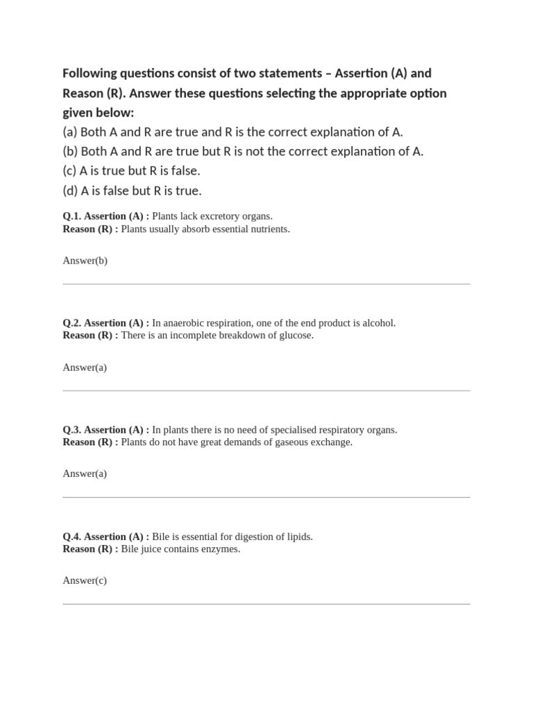 Assertion & Reason CBSE Life Process | PDF | Digestion | Heart