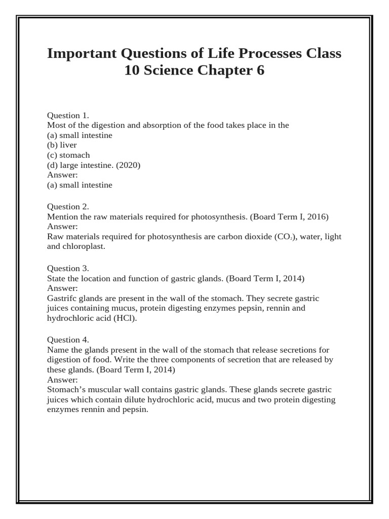 Important Questions of Life Processes Class 10 Science Chapter 6 | PDF | Kidney | Respiratory System