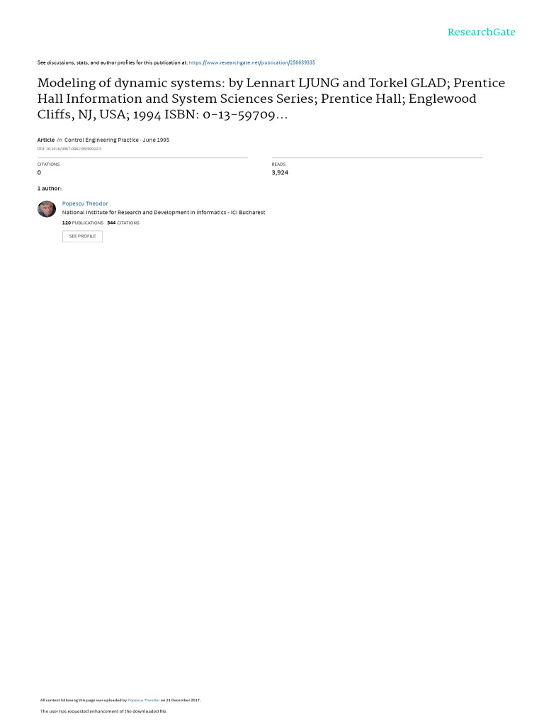 Modeling of Dynamic Systems by Lennart LJUNG and Torkel GLAD 1995 Control | PDF | Simulation ...