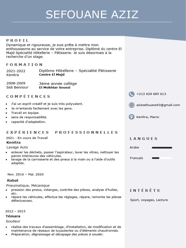 CV de Soudeur et Pâtissier à Kenitra | PDF
