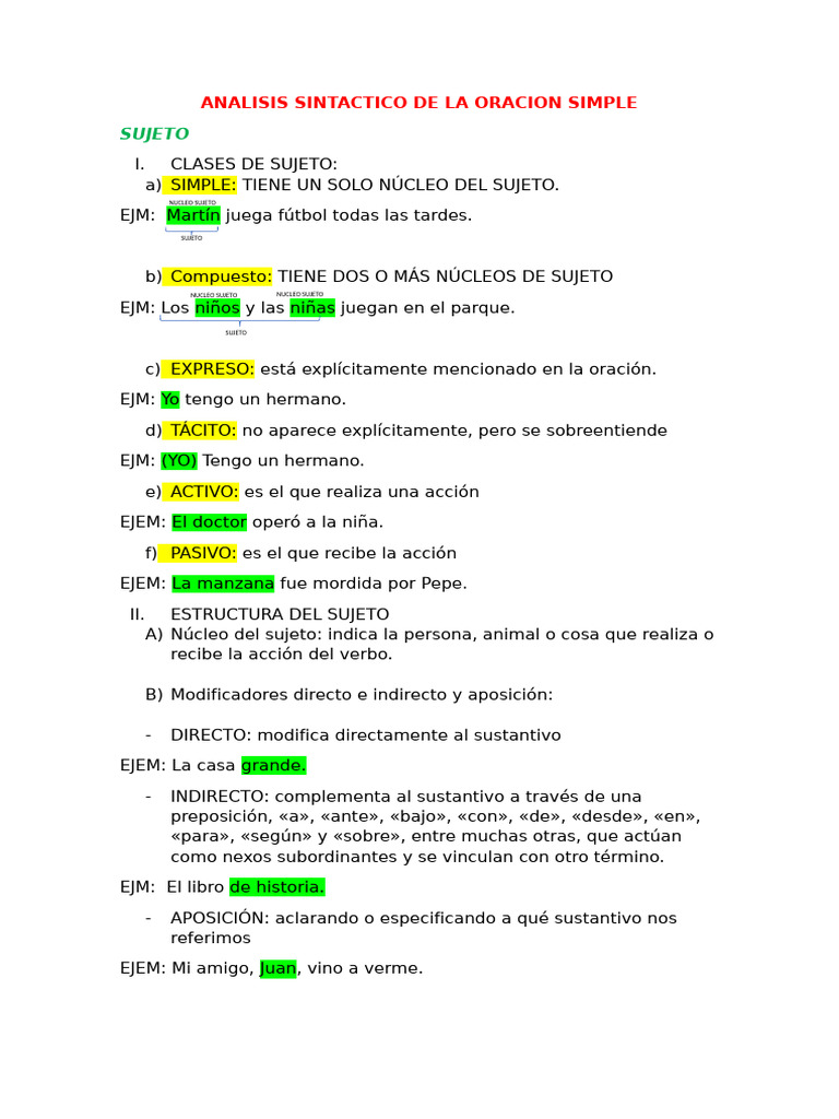 ANALISIS SINTACTICO DE LA ORACION SIMPLE | PDF