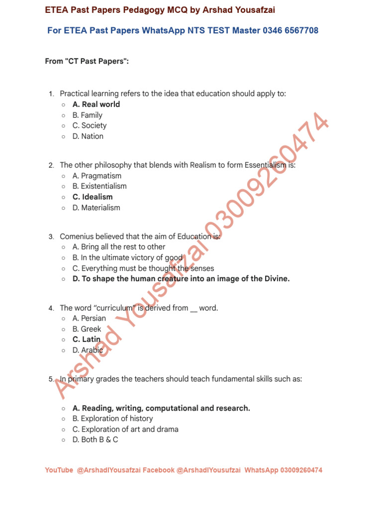 ETEA Past Papers Pedagogy MCQ by Arshad Yousafzai | PDF | Pedagogy | Teachers