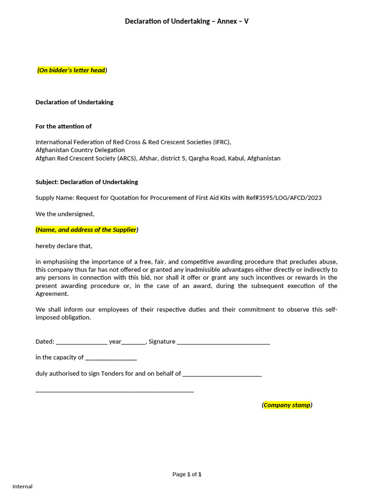 Annex V - Declaration of Undertaking | PDF