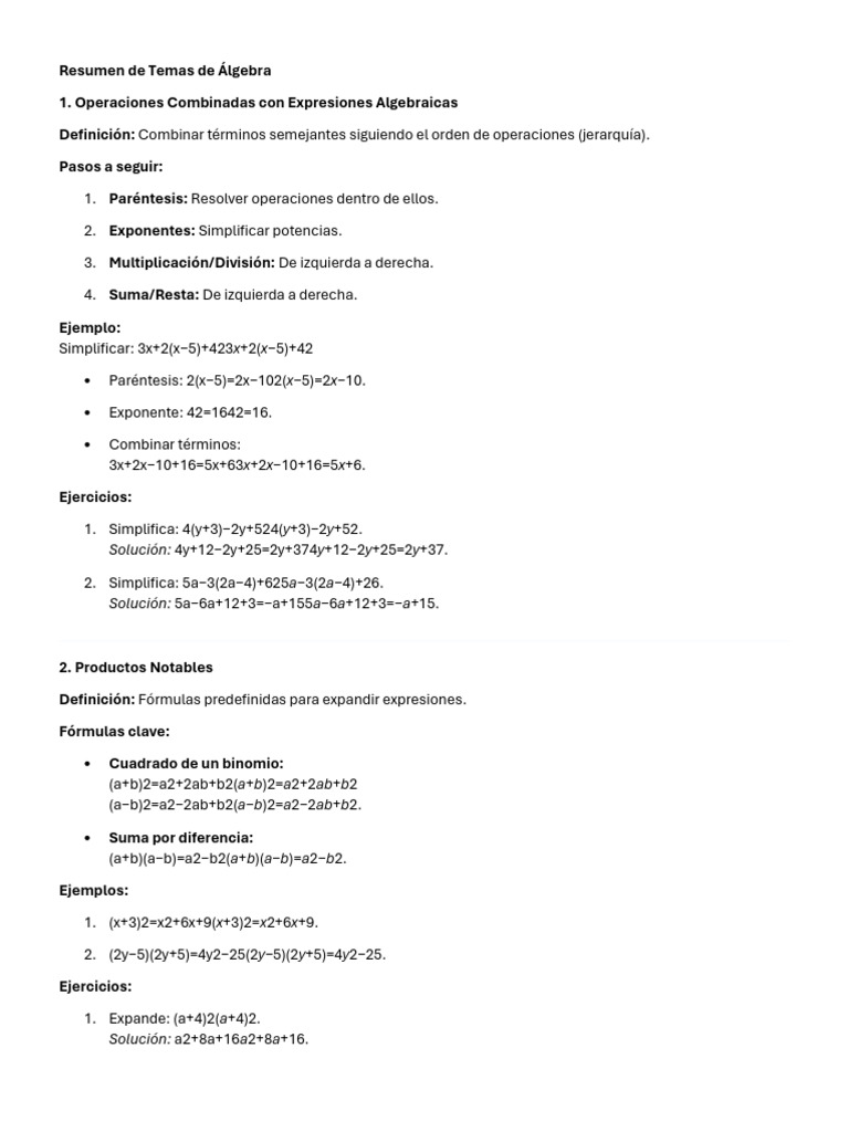 Resumen de Temas de Álgebra | PDF