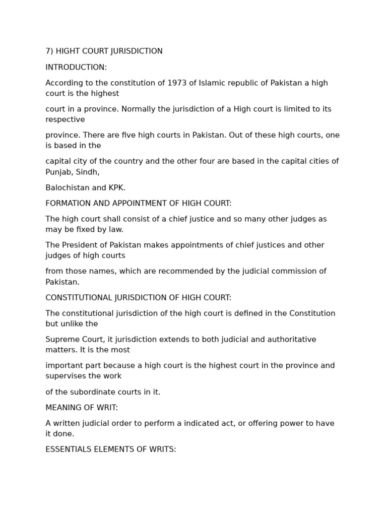 Hight Court Jurisdiction Under Constitution | PDF | Writ Of Prohibition | Habeas Corpus