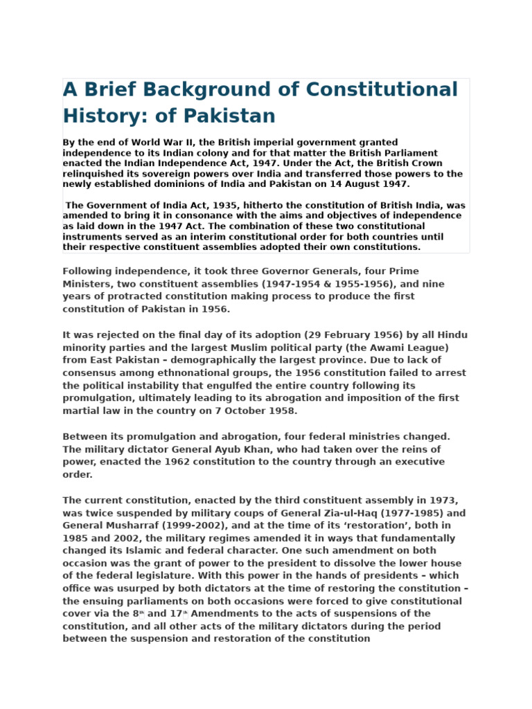 Pakistan's Constitutional History Overview | PDF | Bill (Law) | Legislature