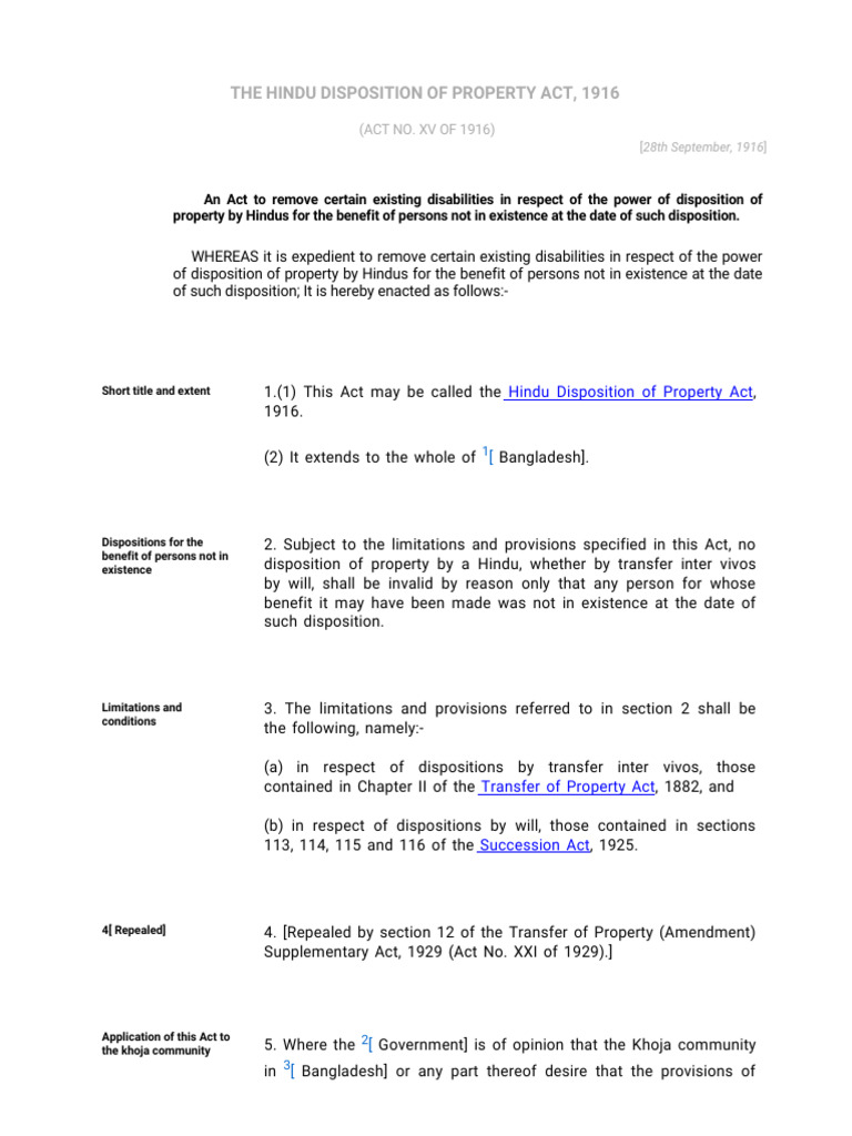 Hindu Disposition of Property Act, 1916 (Act No. XV of 1916) | PDF ...