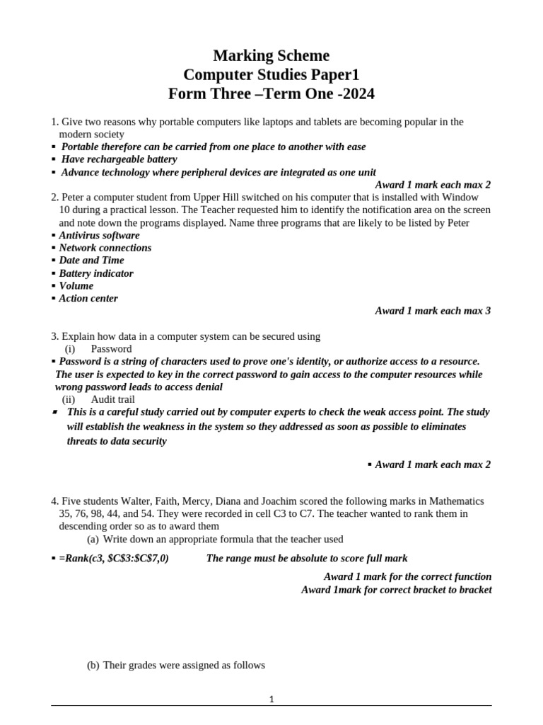 Form 3 - Computer Studies - Marking Scheme | PDF | Decimal | Internet