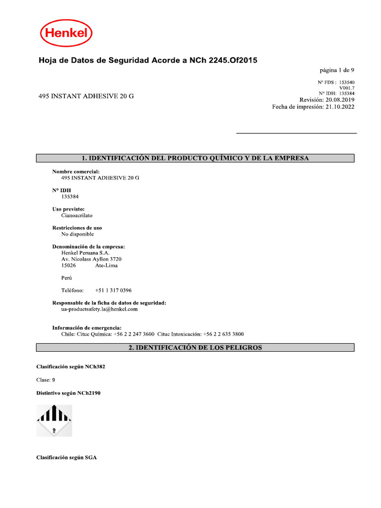 Loctite 495 - Adeshivo Instantaneo - MSDS | PDF