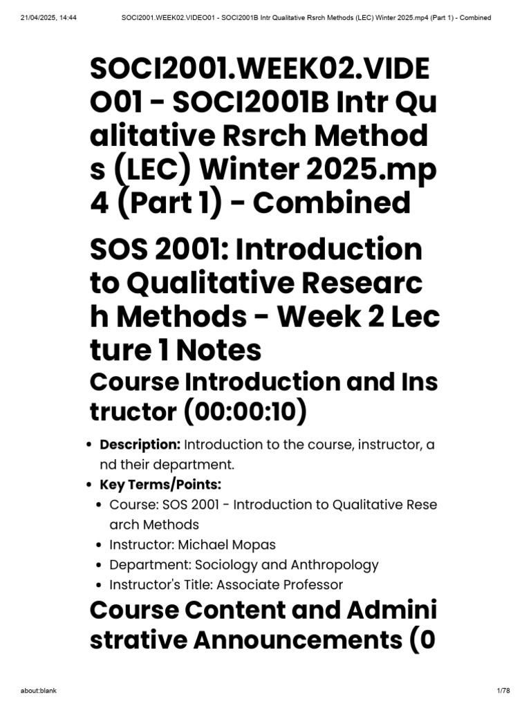SOCI2001.WEEK02.VIDEO01 - SOCI2001B Intr Qualitative RSRCH Methods (LEC) Winter 2025.mp4 (Part 1 ...