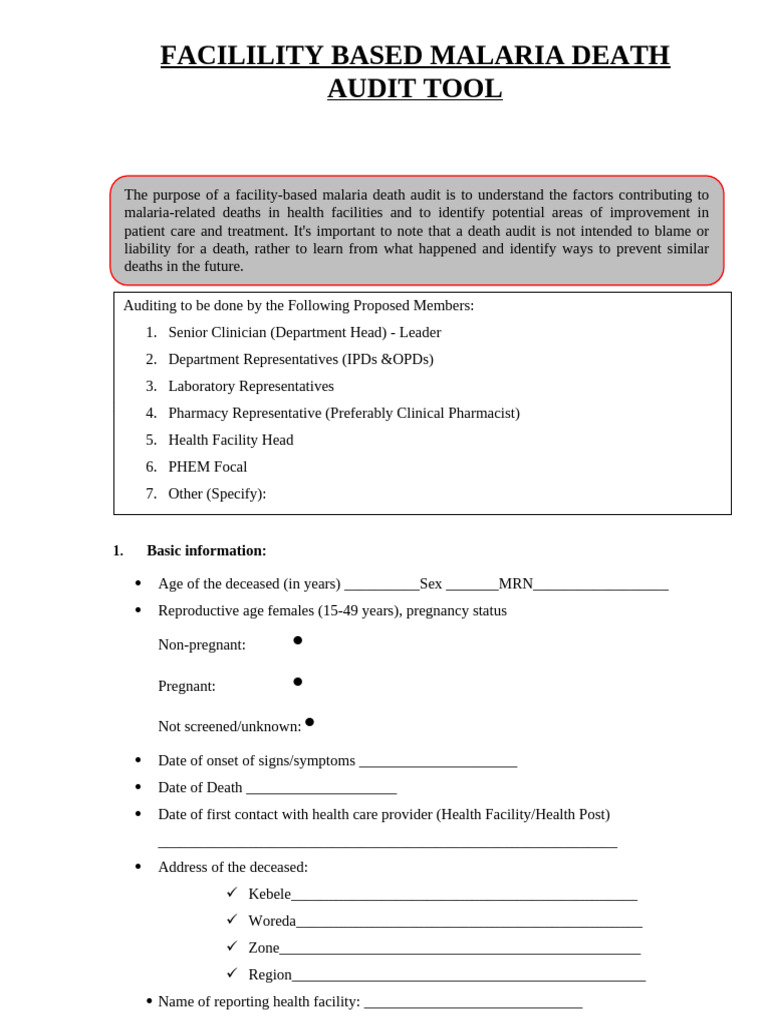 Malaria-Death-Audit Tool Edited | PDF | Malaria | Health Facility