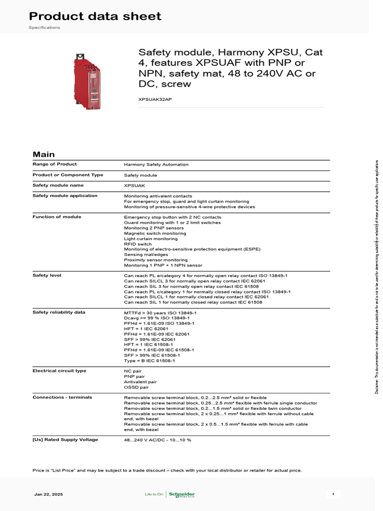 Schneider Electric - Harmony-XPS-Safety-Modules - XPSUAK32AP | PDF ...