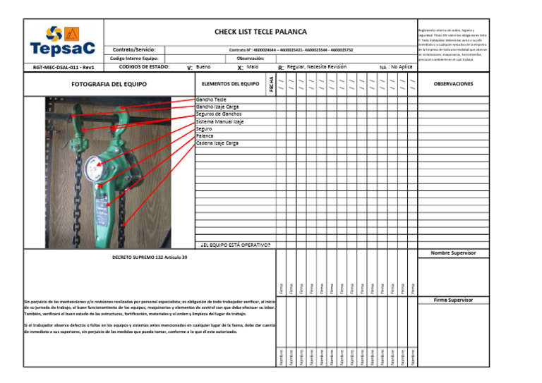 RGT-MEC-DSAL-011 Checklist Tecle Palanca | PDF