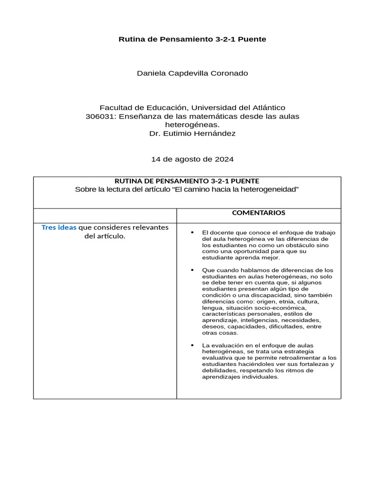RUTINA 3 2 1 PUENTE Daniela-Capdevilla | PDF | Enseñando | Aprendizaje