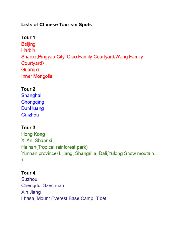 Lists of Chinese Tourism Spots | PDF