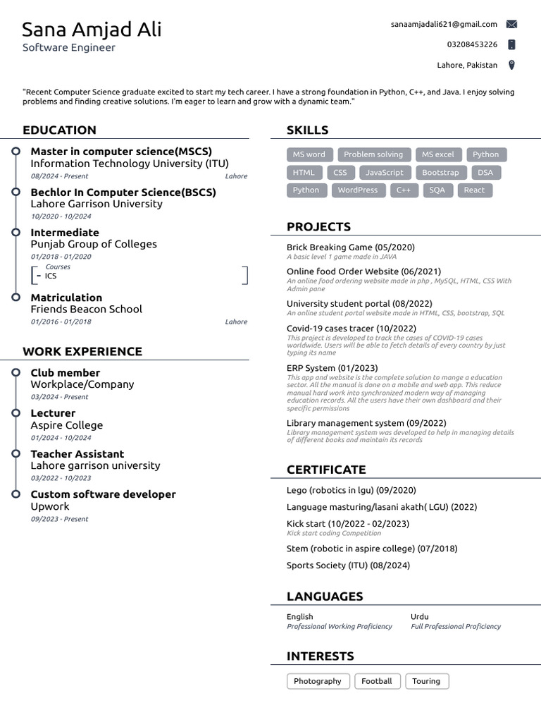 Recent Computer Science Graduate Resume | PDF | Websites | Software