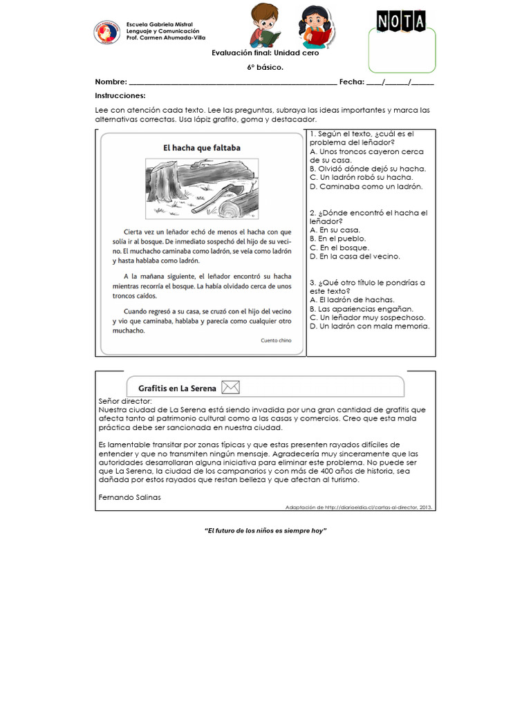 Prueba 6° Unidad Cero PIE | PDF | Pintada | Turismo