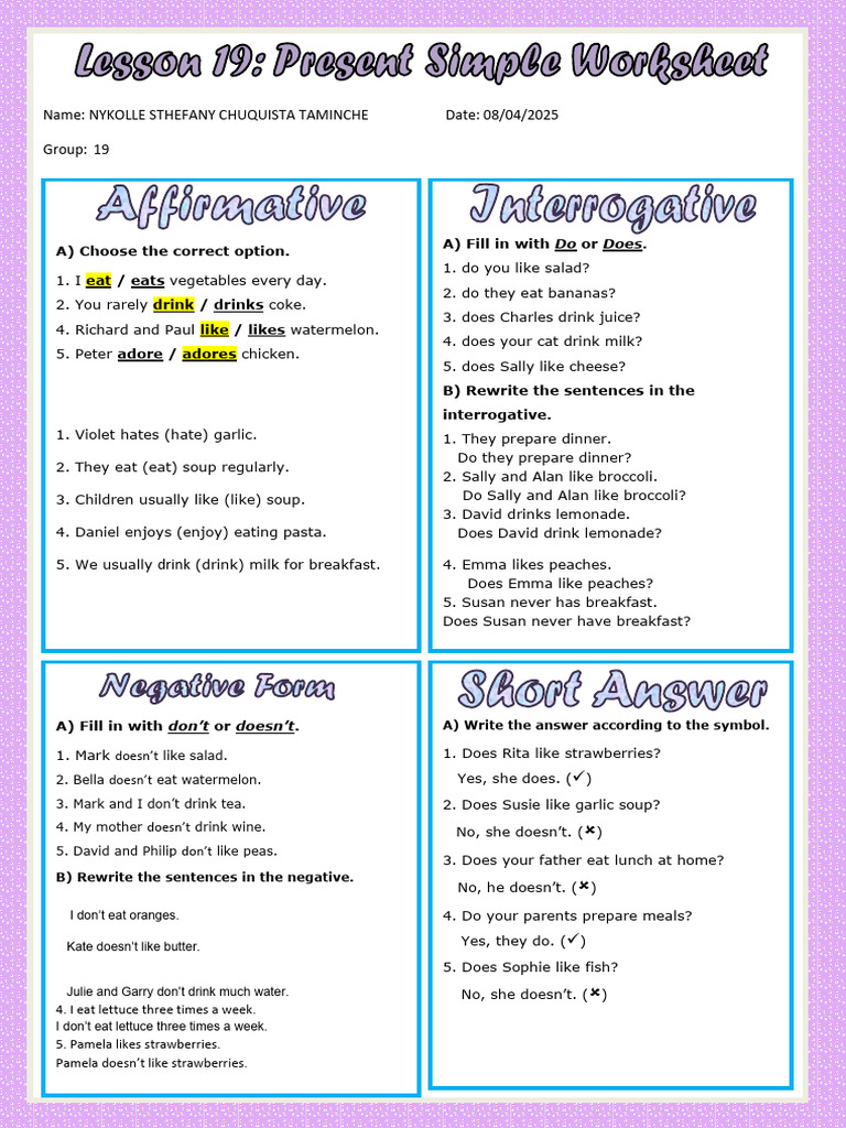 Lesson 19 Present Simple Worksheet | PDF | Meal | Lunch