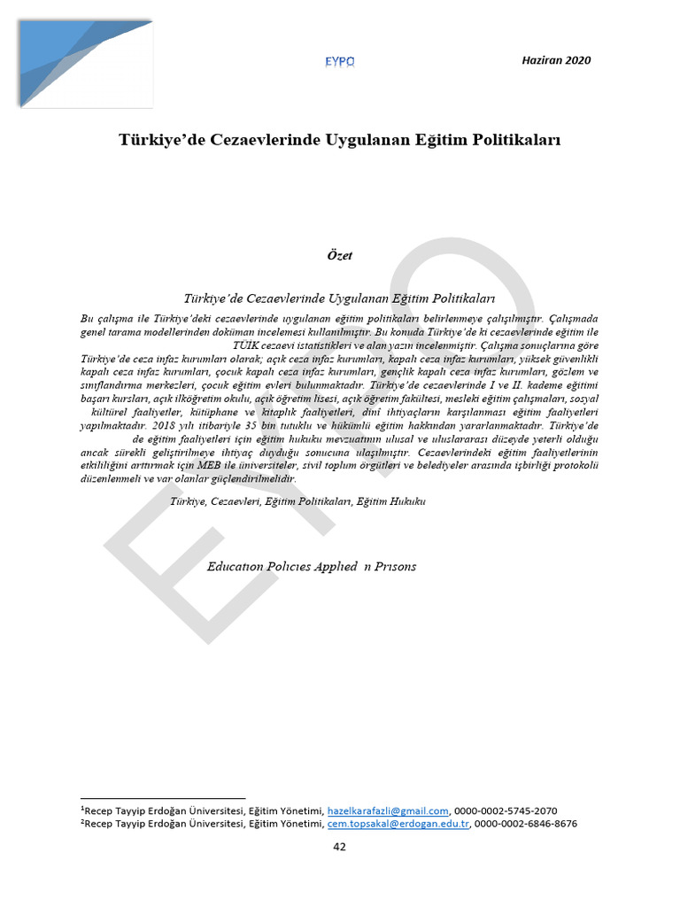 T Rkiye'de Cezaevlerinde Uygulanan E Itim Politikalar (#741555) - 1116051 | PDF