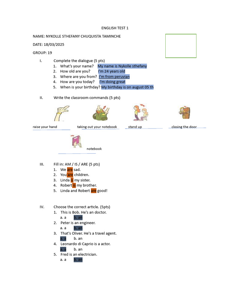 English Test 1: Basic Grammar Exercises | PDF