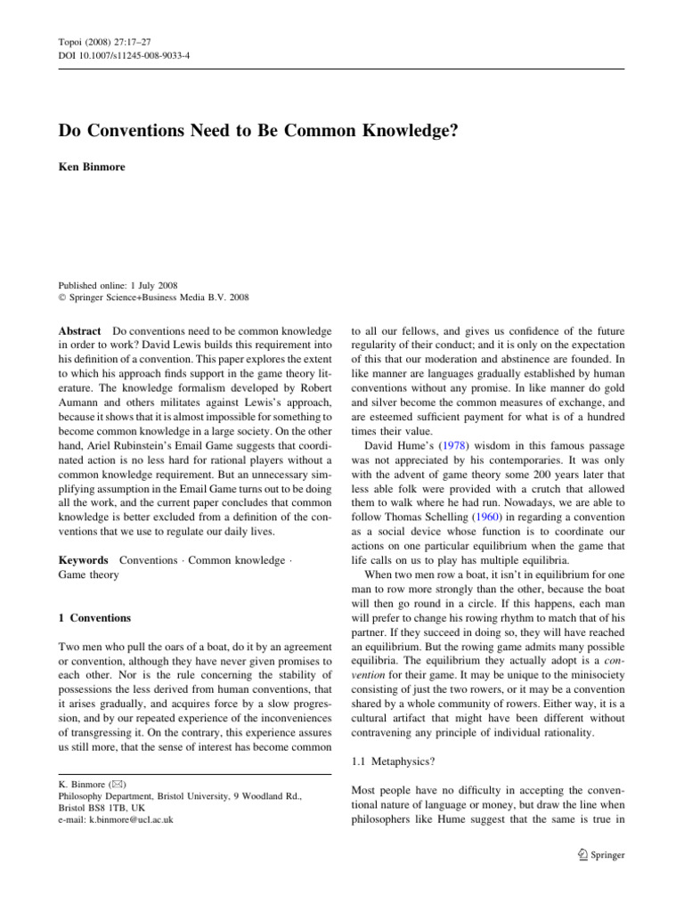 Binmore Do Conventions Need To Be Common Knowledge | PDF | Game Theory ...