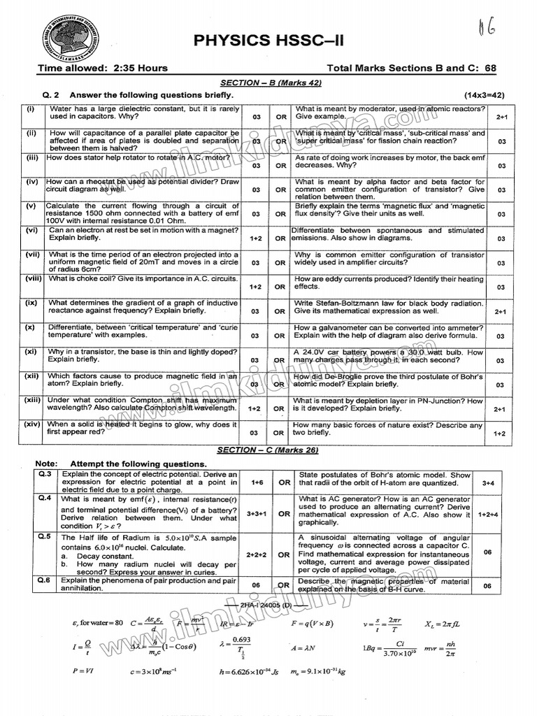 Past Paper 2024 12th Class Federal Board Physics Group II Subjective | PDF