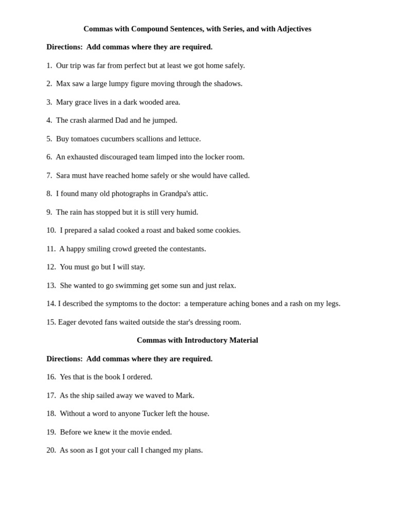 Commas With Compound Sentences Series Adjectives and Introductory ...
