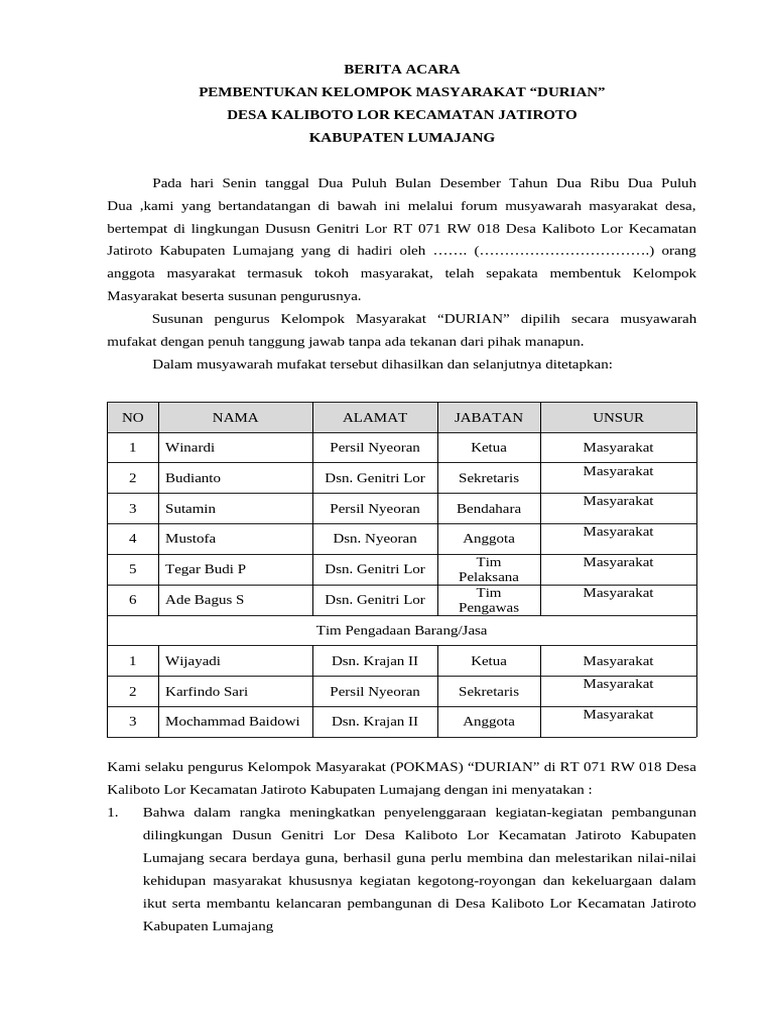 Berita Acara Pembentukan Pokmas | PDF