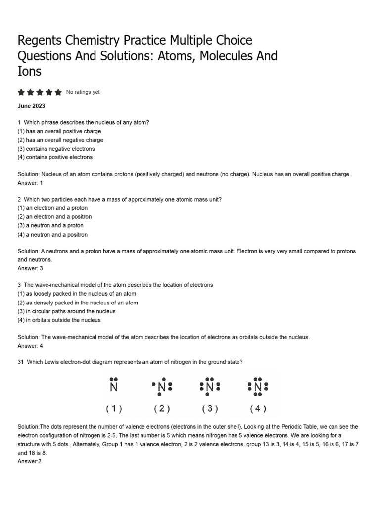 Chem Practice MCQ - Solutions - Atoms, Molecules and Ions | PDF | Atoms ...