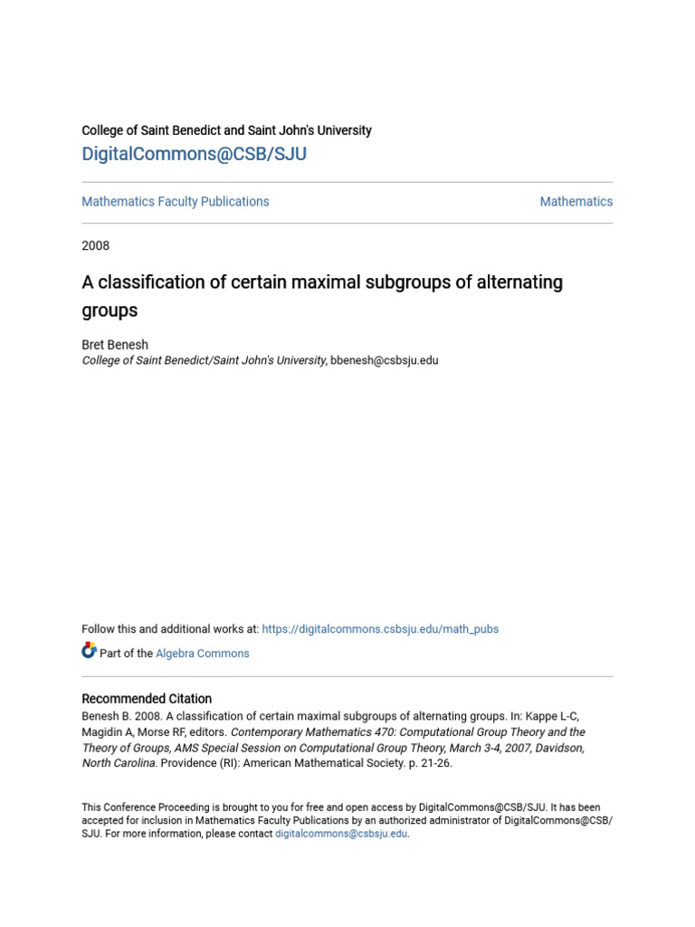 A Classification of Certain Maximal Subgroups of Alternating Grou | PDF ...