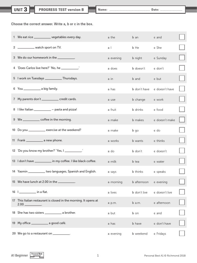 A1 Beginner Progress Test | PDF | Food And Drink | Cuisine
