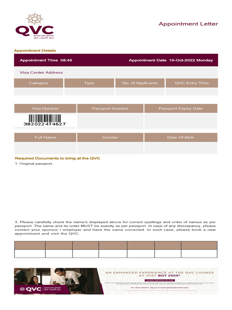 QVC Appointment Details for Dhaka | PDF | Passport | Travel Visa