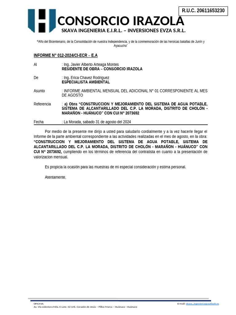 INFORME 012 - VAL. Adicional Agost | PDF