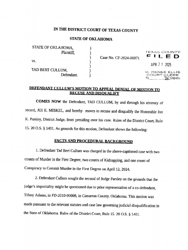 Tad Cullum Files Appeal To Denied Motion For Recusal | PDF