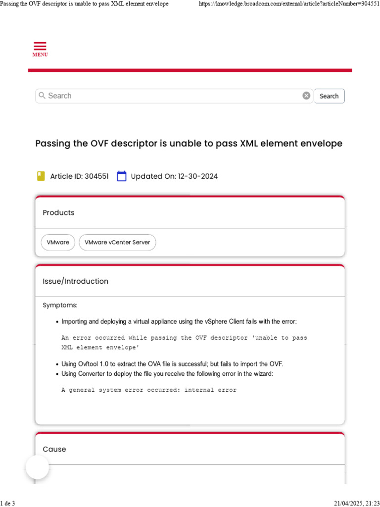 Passing the OVF descriptor is unable to pass XML element envelope | PDF | V Mware | Software