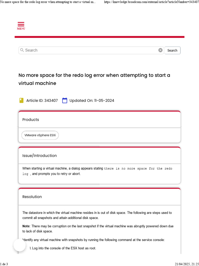 No More Space For The Redo Log Error When Attempting To Start A Virtual ...
