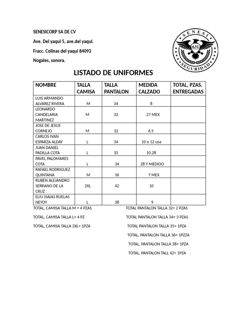 Listado de Uniformes | PDF