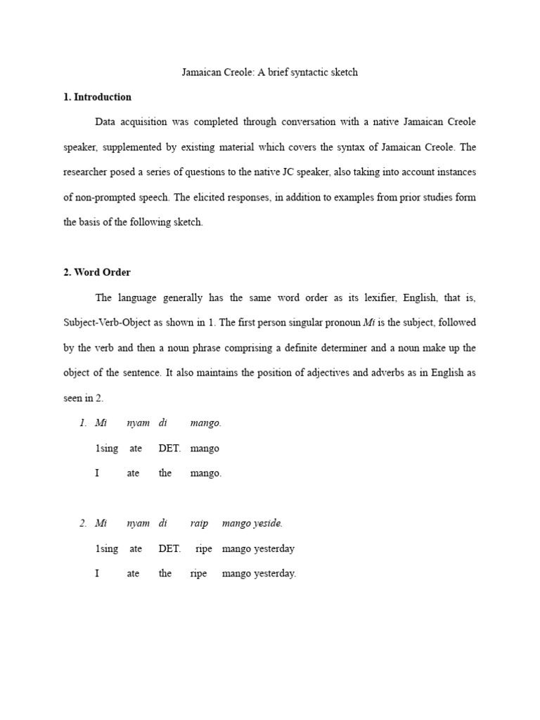 Jamaican Creole- A brief syntactic sketch | PDF | English Language | Noun